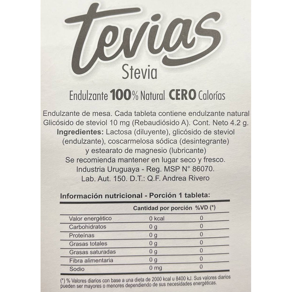Edulcorante TEVIAS 100 tabletas 100% stevia - Devoto Hnos. S.A.